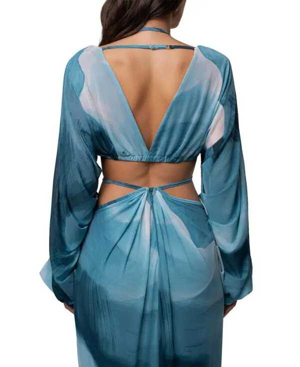 JLUXLABEL Selene Draped Printed Mesh Top - Sunset Blue