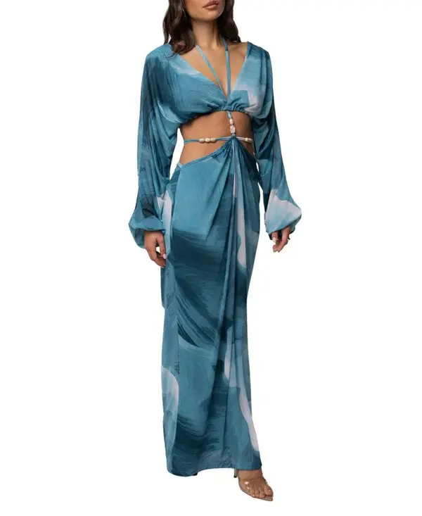 JLUXLABEL Selene Draped Printed Mesh Top - Sunset Blue