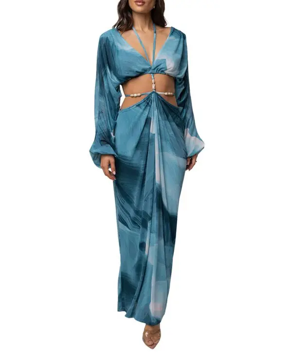 JLUXLABEL Selene Draped Printed Mesh Top - Sunset Blue