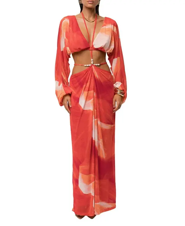 JLUXLABEL Selene Draped Printed Mesh Top - Sunset Red