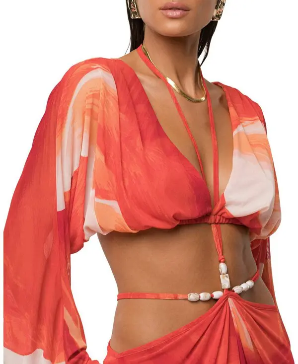 JLUXLABEL Selene Draped Printed Mesh Top - Sunset Red