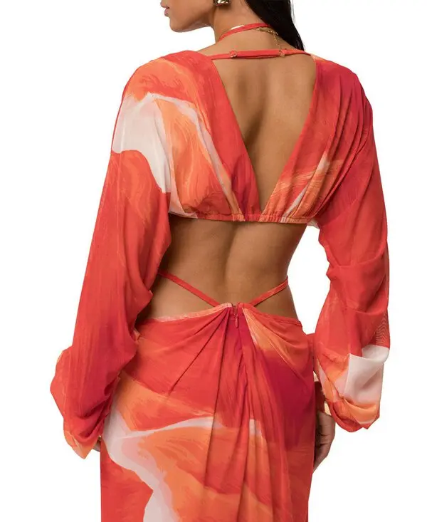 JLUXLABEL Selene Draped Printed Mesh Top - Sunset Red