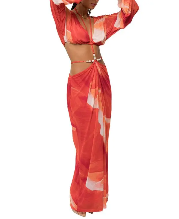 JLUXLABEL Selene Draped Printed Mesh Top - Sunset Red