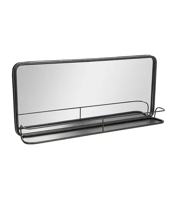 OLIVE GROVE Wide Metal Framed Rectangle Wall Mirror With Shelf - Black