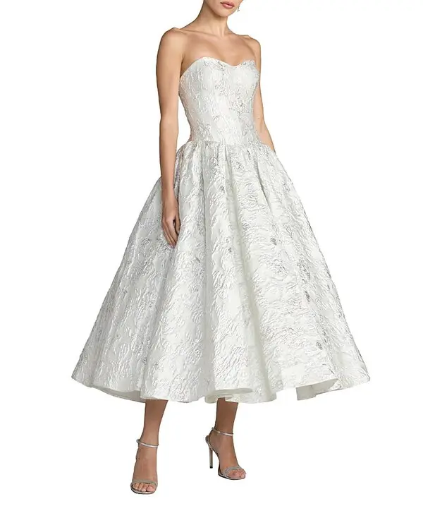 Mac Duggal Brocade Strapless Dropwaist Midi Dress - Ivory