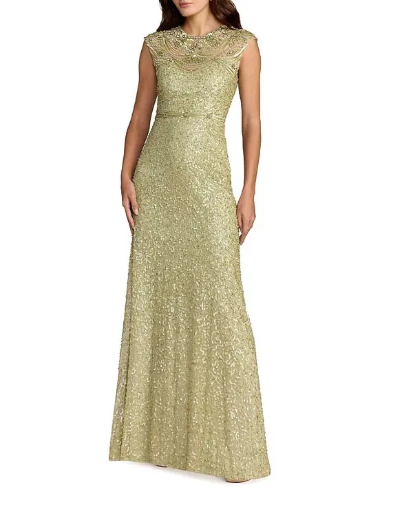 Mac Duggal Embellished High Neck Cap Sleeve Gown - Fern