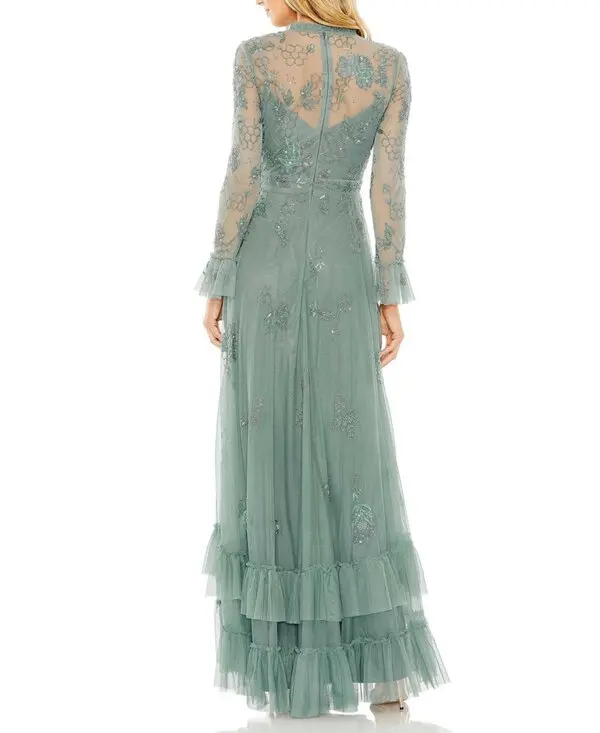 Mac Duggal Embellished Long Sleeve Ruffle Gown