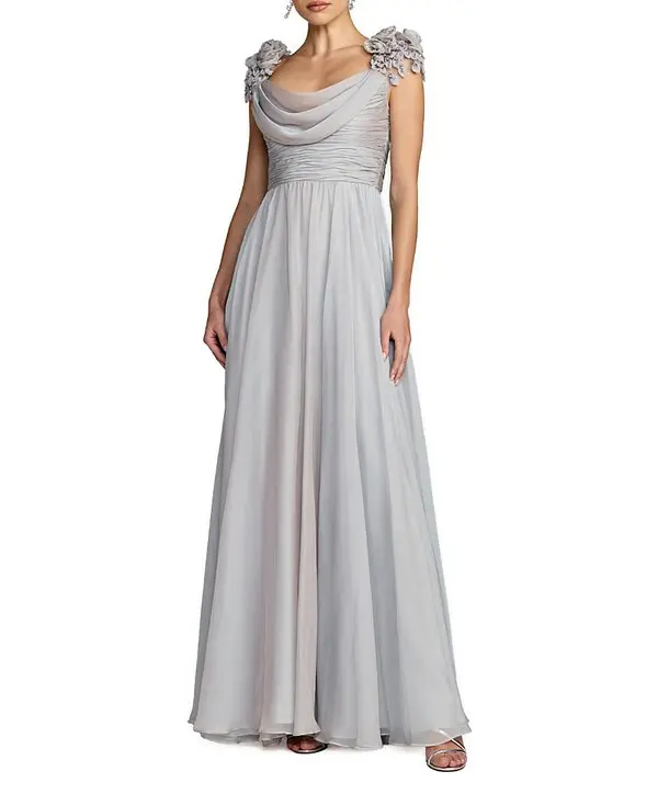 Mac Duggal Chiffon Cowl Neck Embellished Cap Sleeve Gown - Platinum