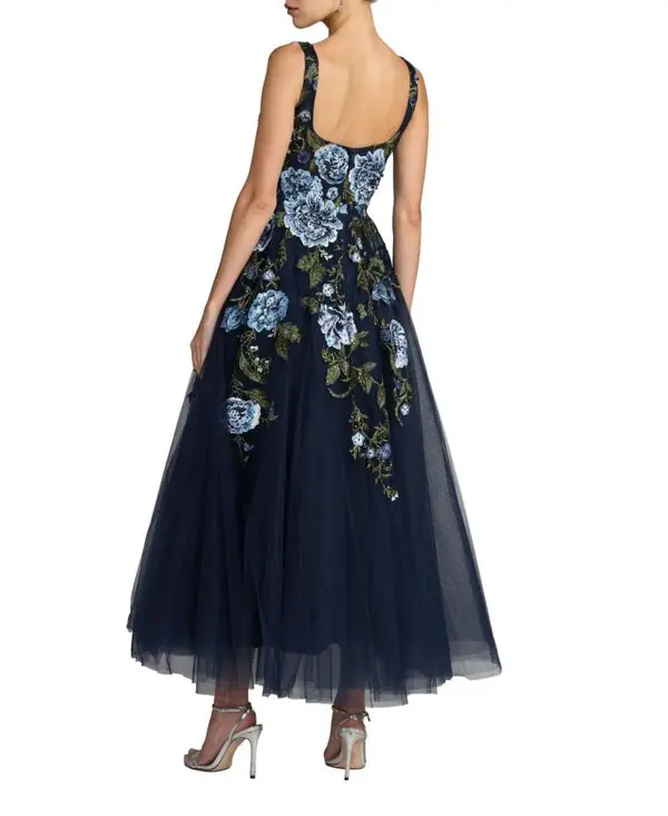 Mac Duggal Square Neck Embroidered A-line Midi Dress