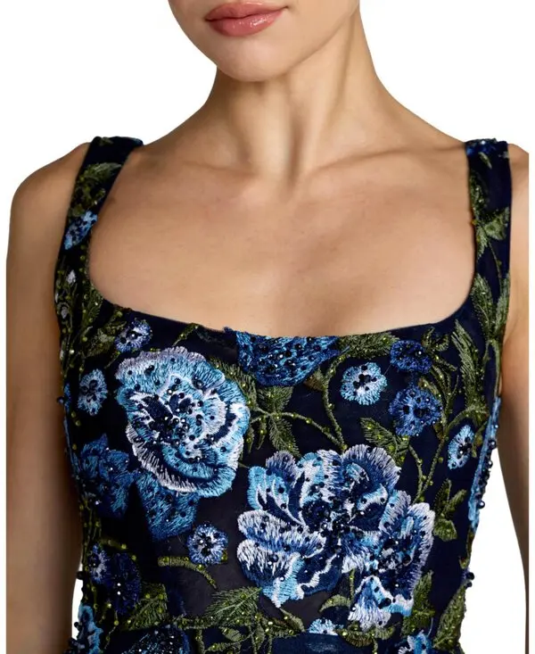 Mac Duggal Square Neck Embroidered A-line Midi Dress