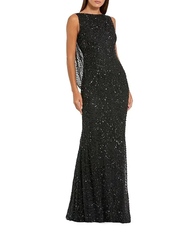 Mac Duggal Sleevless Cowl Back Gown With Draped Beading - Black