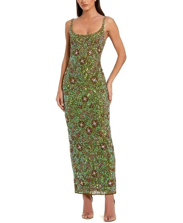 Mac Duggal Petite Beaded Mesh Sleeveless Scoop Neck Ankle Dress - Olive