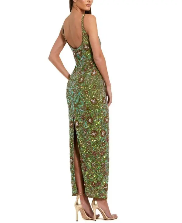 Mac Duggal Petite Beaded Mesh Sleeveless Scoop Neck Maxi Dress - Olive