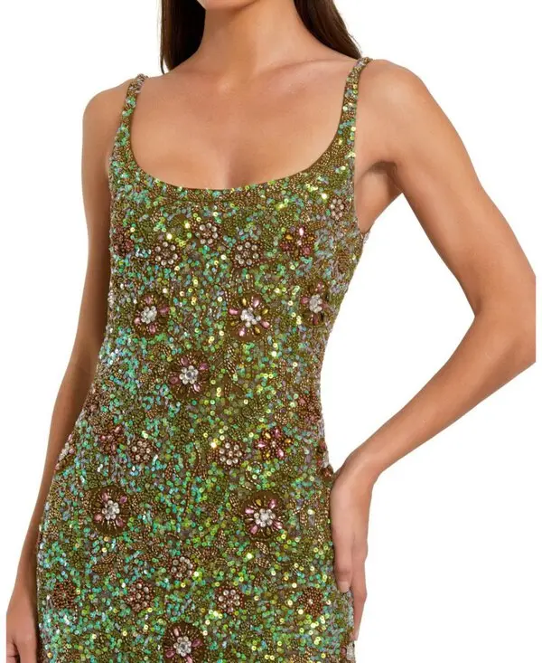 Mac Duggal Petite Beaded Mesh Sleeveless Scoop Neck Maxi Dress - Olive