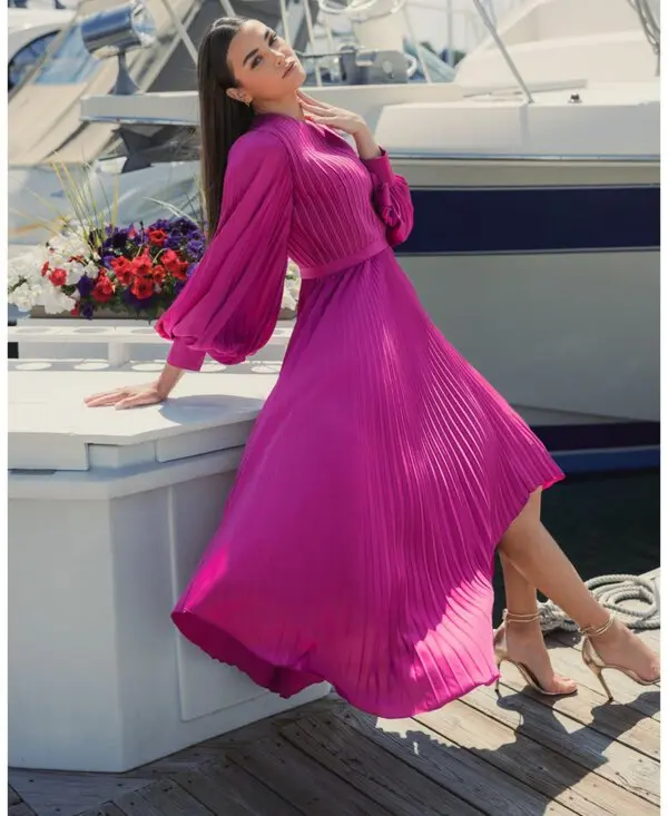 Mac Duggal Long Sleeve Pleated Charmeuse Handkerchief Dress - Fuchsia