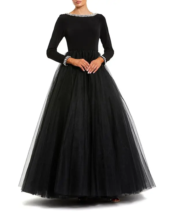 Mac Duggal Petite Embellished Jersey Long Sleeve Ballgown With Tulle Skirt - Black