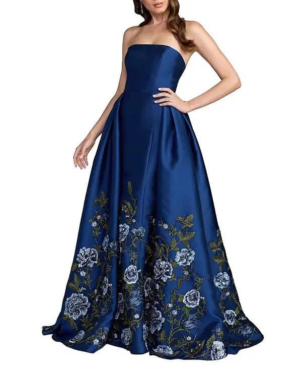 Mac Duggal Floral Embroidered Mikado Strapless Ball Gown - Midnight Multi