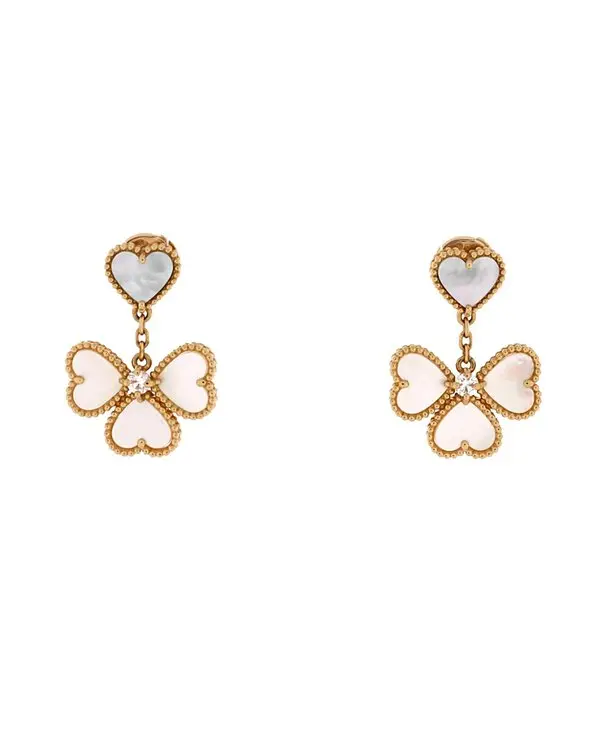 VAN CLEEF & ARPELS Sweet Alhambra Effeuillage Heart Earrings 18k With Mother Of Pearl And Diamonds - Gold