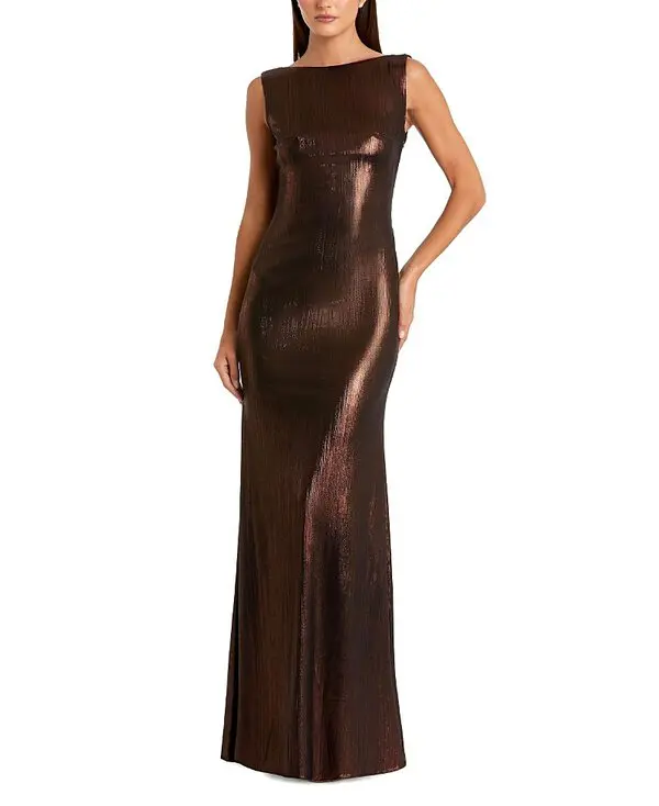Mac Duggal Metallic Jersey Cowl Back Column Gown - Espresso