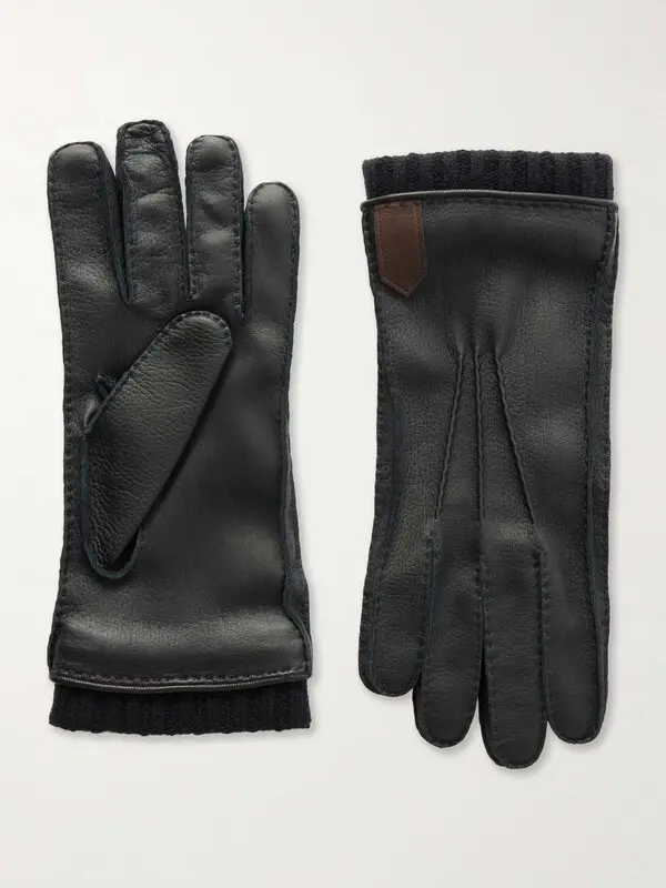 Canali Ribbed Cashmere-trimmed Leather Gloves
