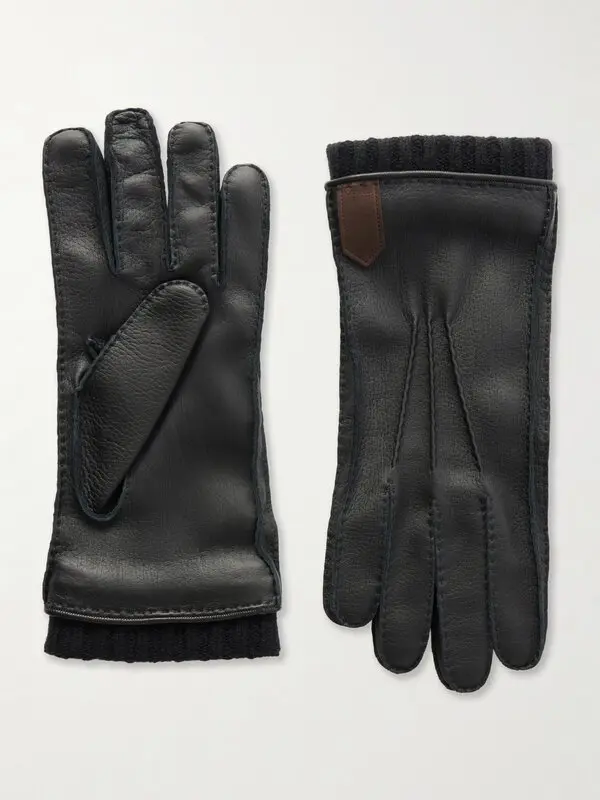 Canali Ribbed Cashmere-trimmed Leather Gloves - Black