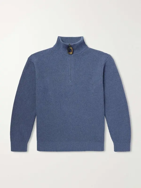 JW Anderson Ribbed Wool And Cotton-blend Half-zip Turtleneck Sweater - Blue