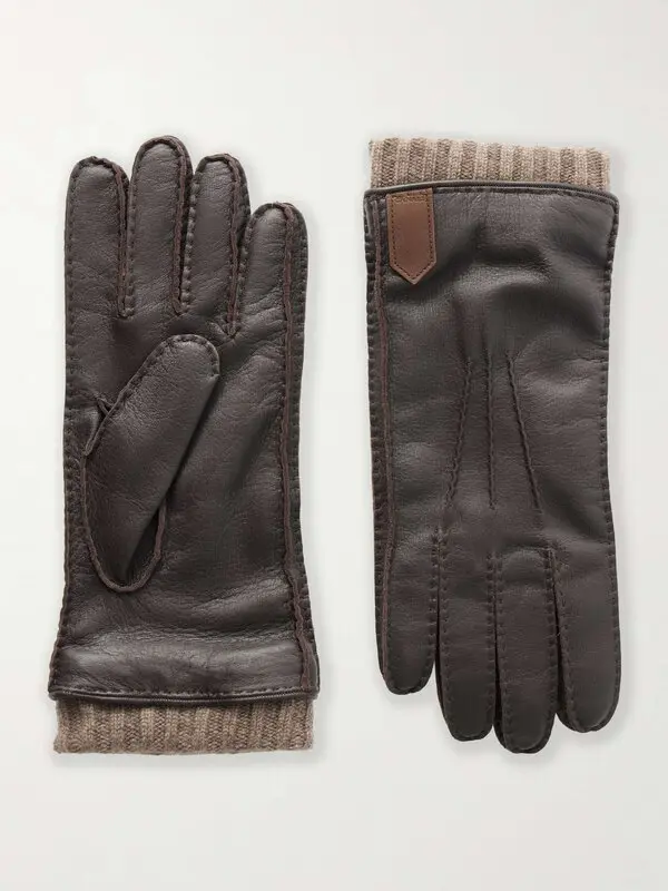 Canali Ribbed Cashmere-trimmed Leather Gloves - Brown