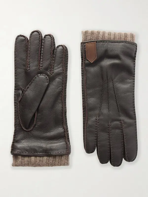 Canali Ribbed Cashmere-trimmed Leather Gloves - Brown