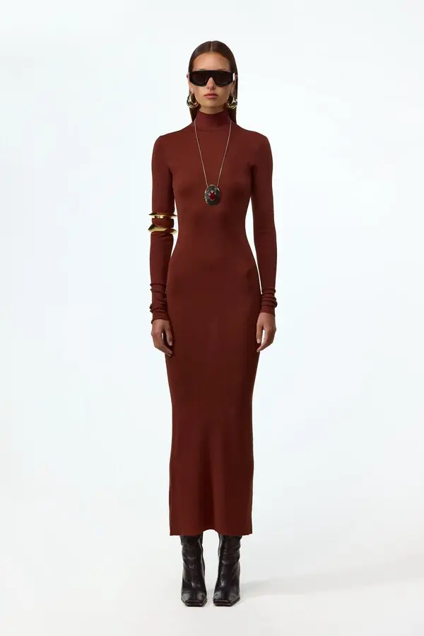 SAME Shimmer Mockneck Dress - Rust