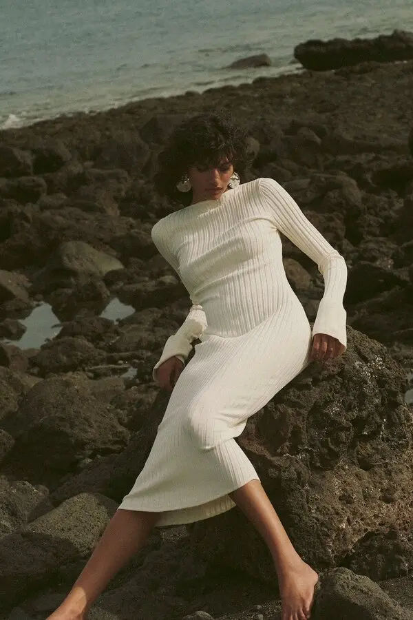 SAME Cuffed Ribbed Knit Dress - Cream