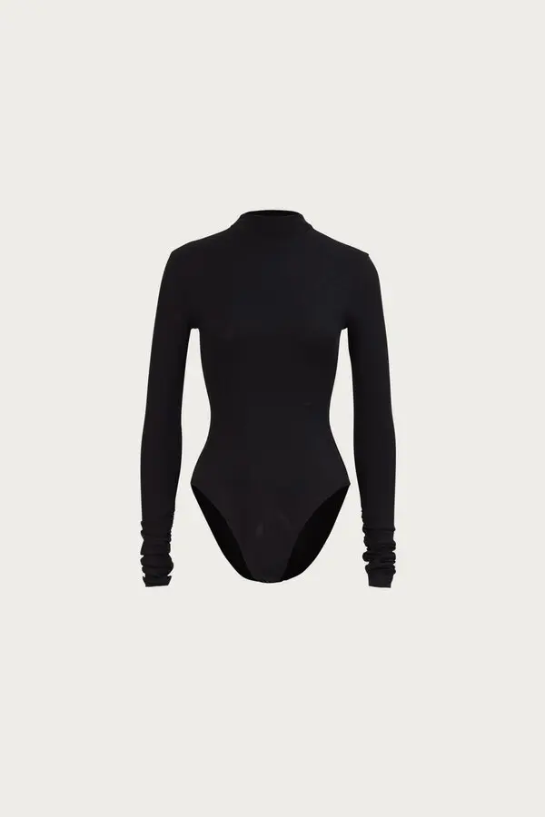SAME Long Sleeve Ribbed Mock Neck Bodysuit - Black