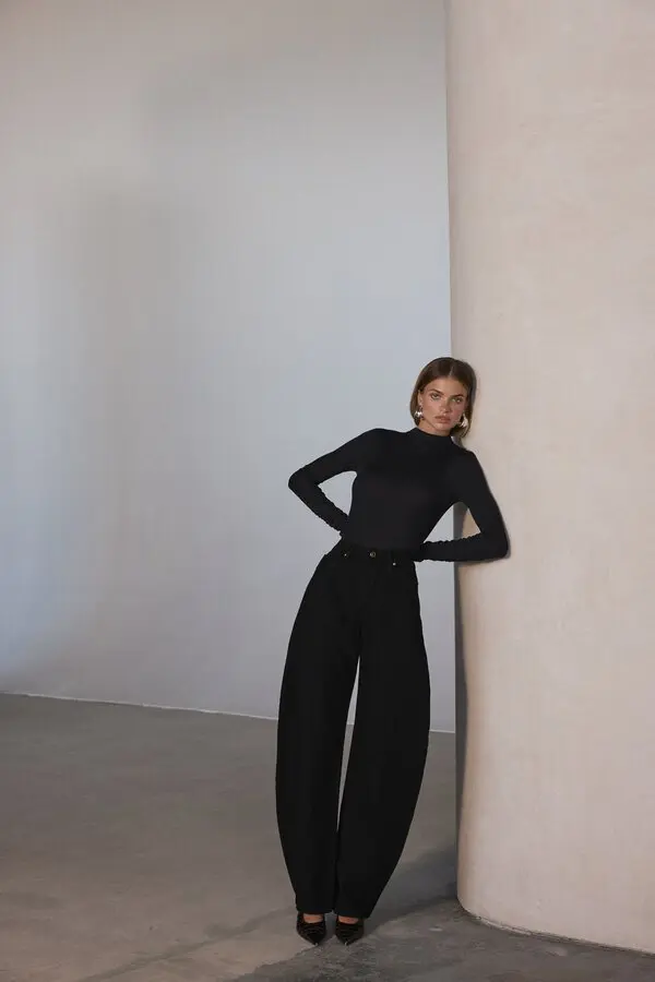 SAME Long Sleeve Ribbed Mock Neck Bodysuit - Black