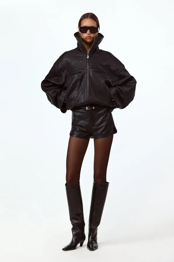 SAME Leather Bomber Jacket With Oversized Collar - Black
