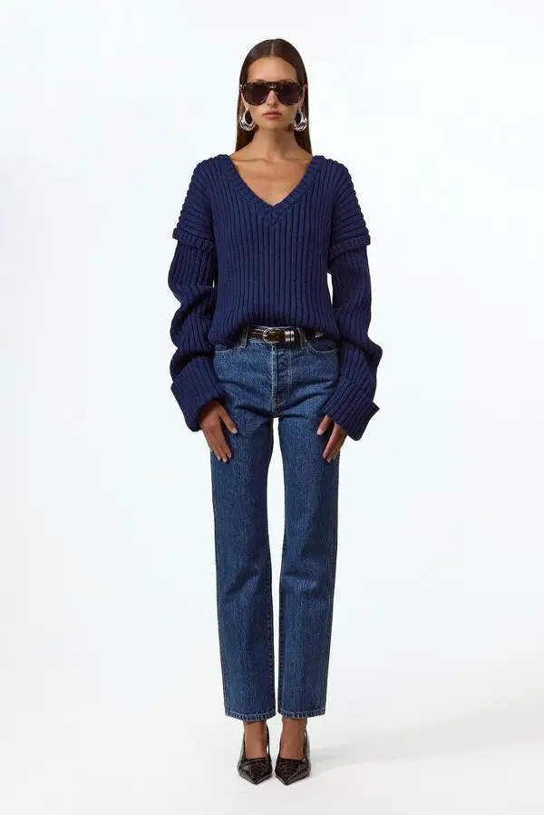 SAME Oversized V Neck Sweater - Navy