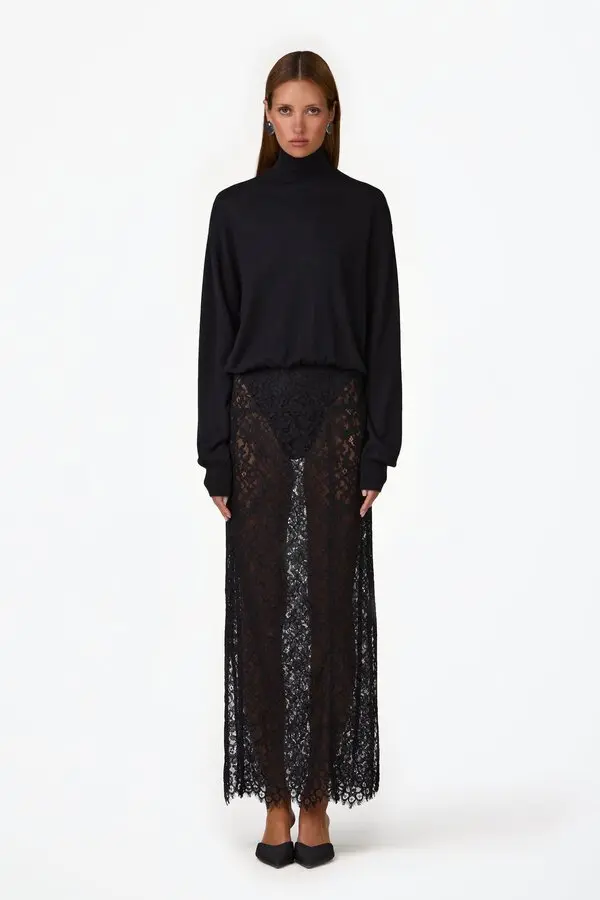 SAME Lace Maxi Skirt With Scalloped Hem - Black