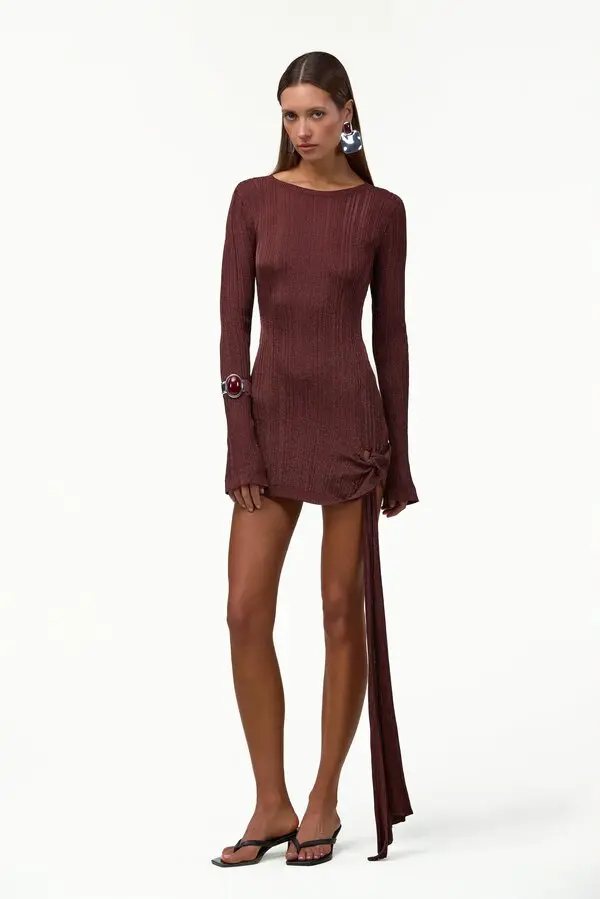 SAME Metallic Twist Mini Dress - Chocolate Brown