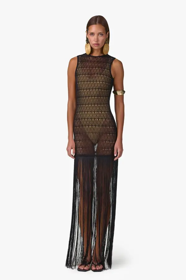 SAME Fringe Knit Maxi Dress - Black