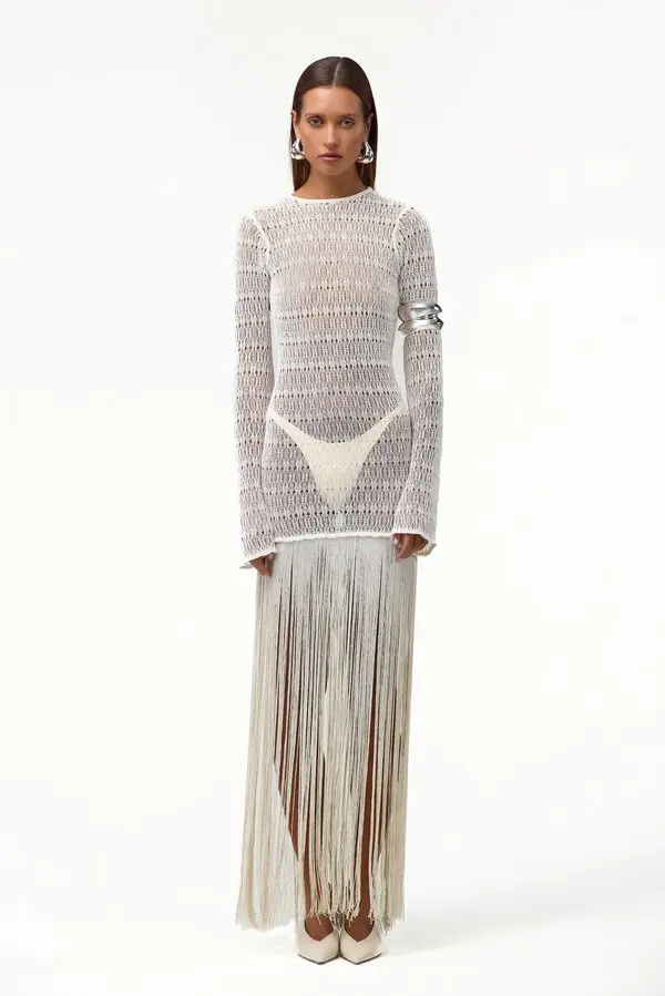 SAME Long Sleeve Fringe Knit Maxi Dress - Cream