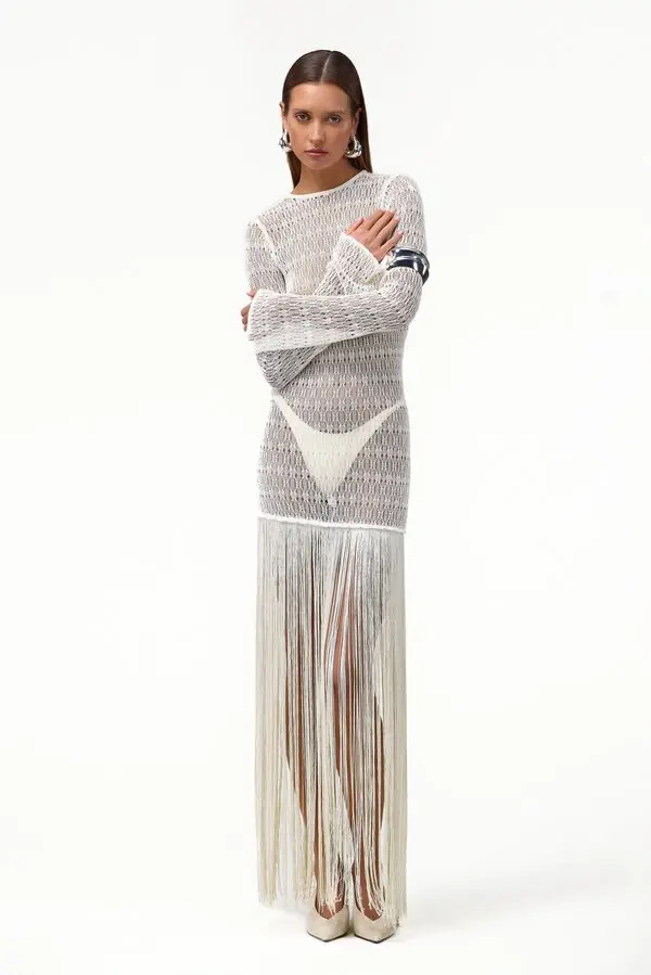 SAME Long Sleeve Fringe Knit Maxi Dress