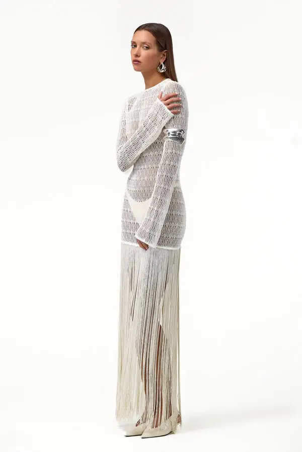 SAME Long Sleeve Fringe Knit Maxi Dress