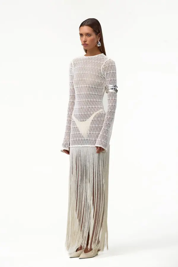 SAME Long Sleeve Fringe Knit Maxi Dress