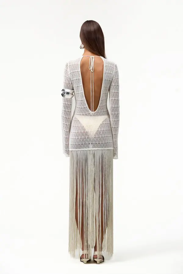 SAME Long Sleeve Fringe Knit Maxi Dress