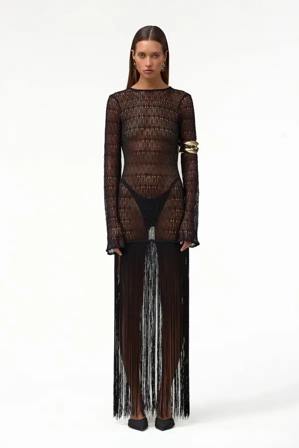 SAME Long Sleeve Fringe Knit Maxi Dress - Black