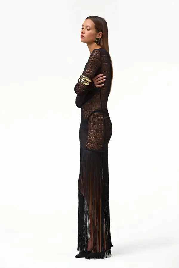 SAME Long Sleeve Knit Maxi Dress With Fringe - Black