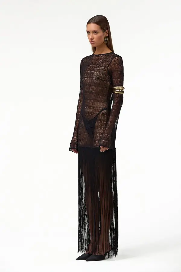 SAME Long Sleeve Knit Maxi Dress With Fringe - Black