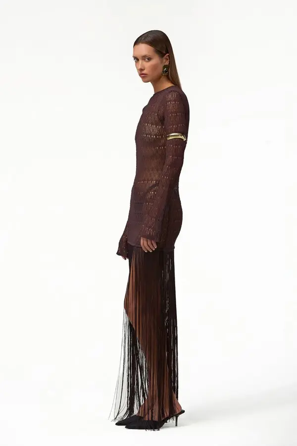 SAME Long Sleeve Fringe Knit Maxi Dress - Chocolate Brown