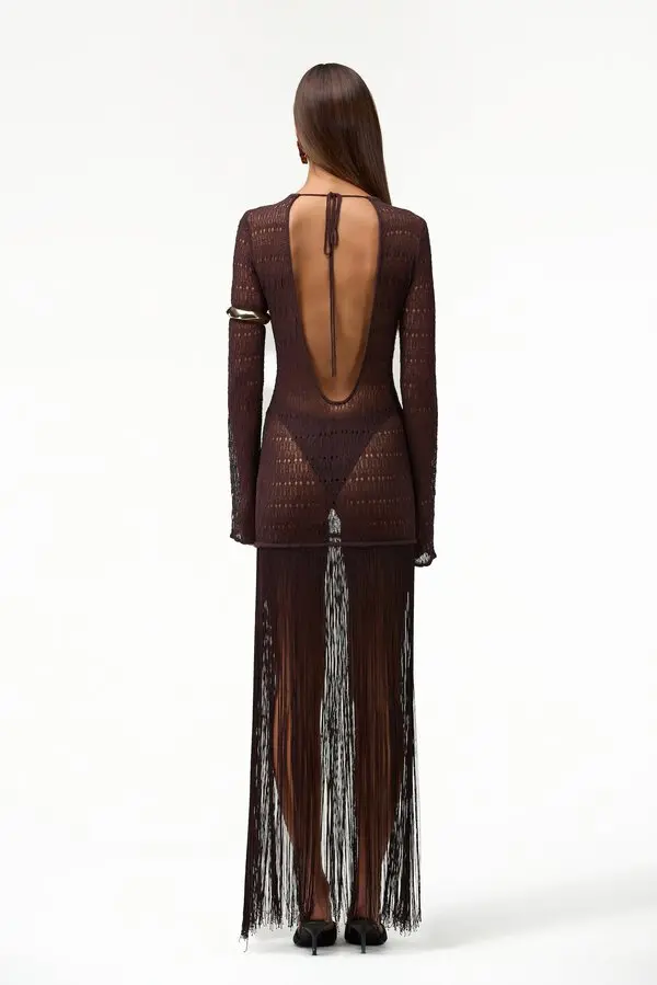 SAME Long Sleeve Fringe Knit Maxi Dress - Chocolate Brown