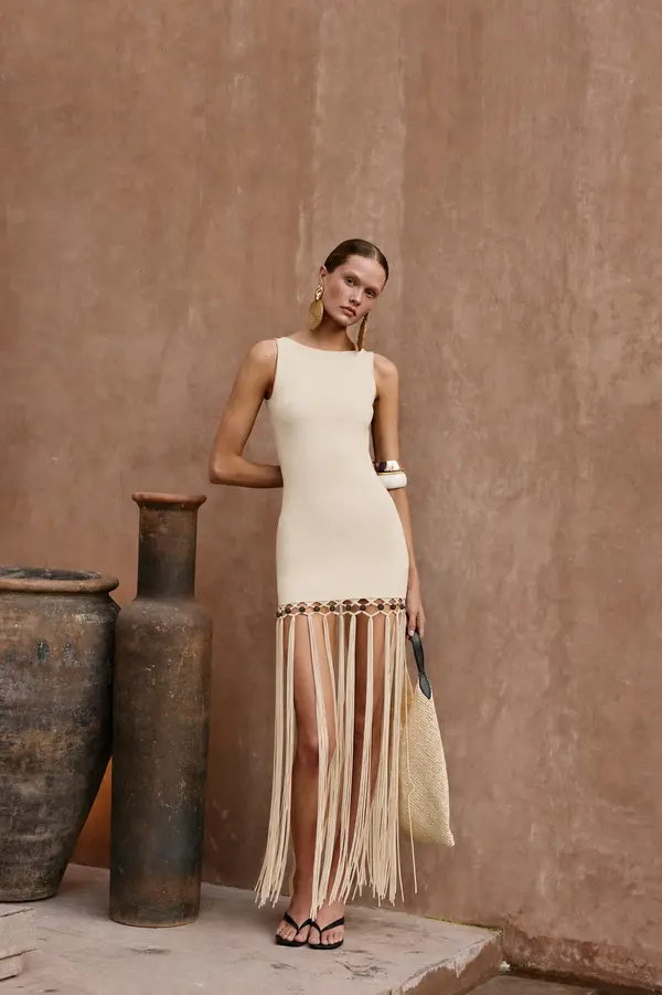 SAME Beaded Fringe Knit Dress - Cream
