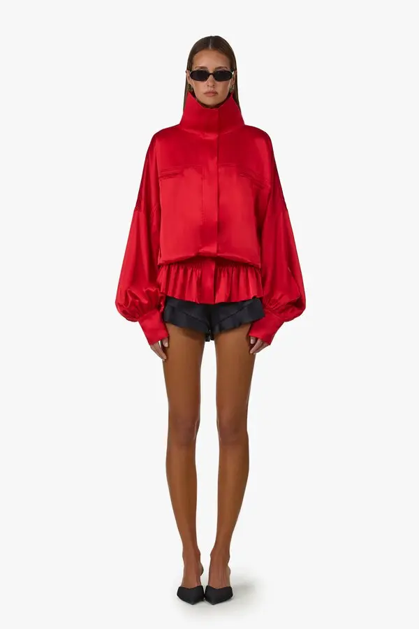 SAME Silk Peplum Bomber Jacket - Red