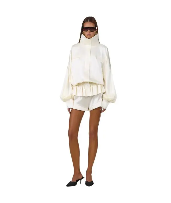 SAME Silk Peplum Bomber Jacket - Cream
